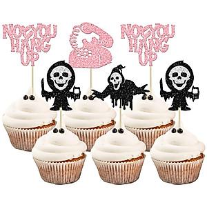 Gyufise 24Pcs Horror Movie Cupcake Toppers Glitter Telephone No You Hang Up Killer Birthday Cupcake Picks for Horror Movie Theme Birthday Halloween Party Cake Decorations Supplies