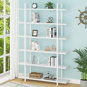 HSH 6 Tier Tall White Bookshelf, Industrial Modern Vertical Metal and Wood White Bookcases 6 Shelf,Farmhouse Open Large Storage Book Shelves & Display Book Shelf for Bedroom Living Room Office