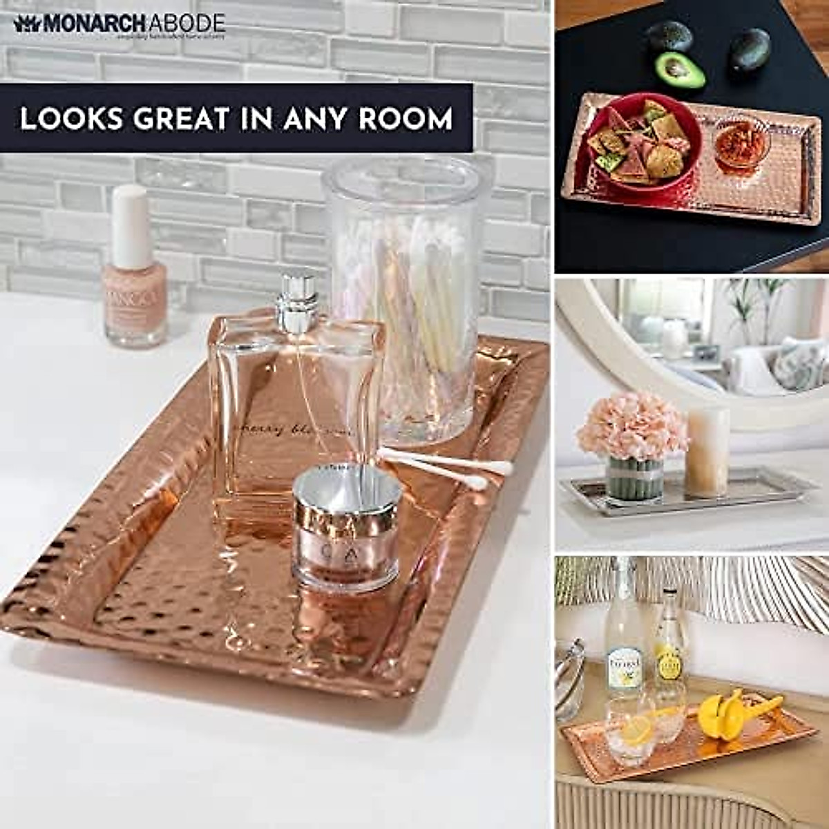 Monarch Abode Decorative Tray, Bathroom Counter Organizer, Vanity Tray, Kitchen Counter Storage, Hand-Hammered Platter, Nickel-Plated, 12" x 6"