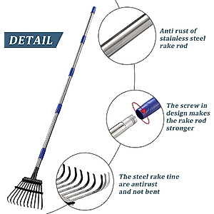 Garden Rake -Small Leaves Rakes for Gardening - 11 Metal Tines 8.5" Wide - 78" Long Handle Leaf Rakes for Lawns Heavy Duty for Yard Lawn Shrub Garden Beds