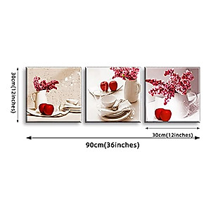 Red Apple Wall Art for Kitchen, SZ Flower Bowl and Dish Canvas Prints Decor for Dining Room (Waterproof Artwork, Bracket Mounted Ready to Hang)