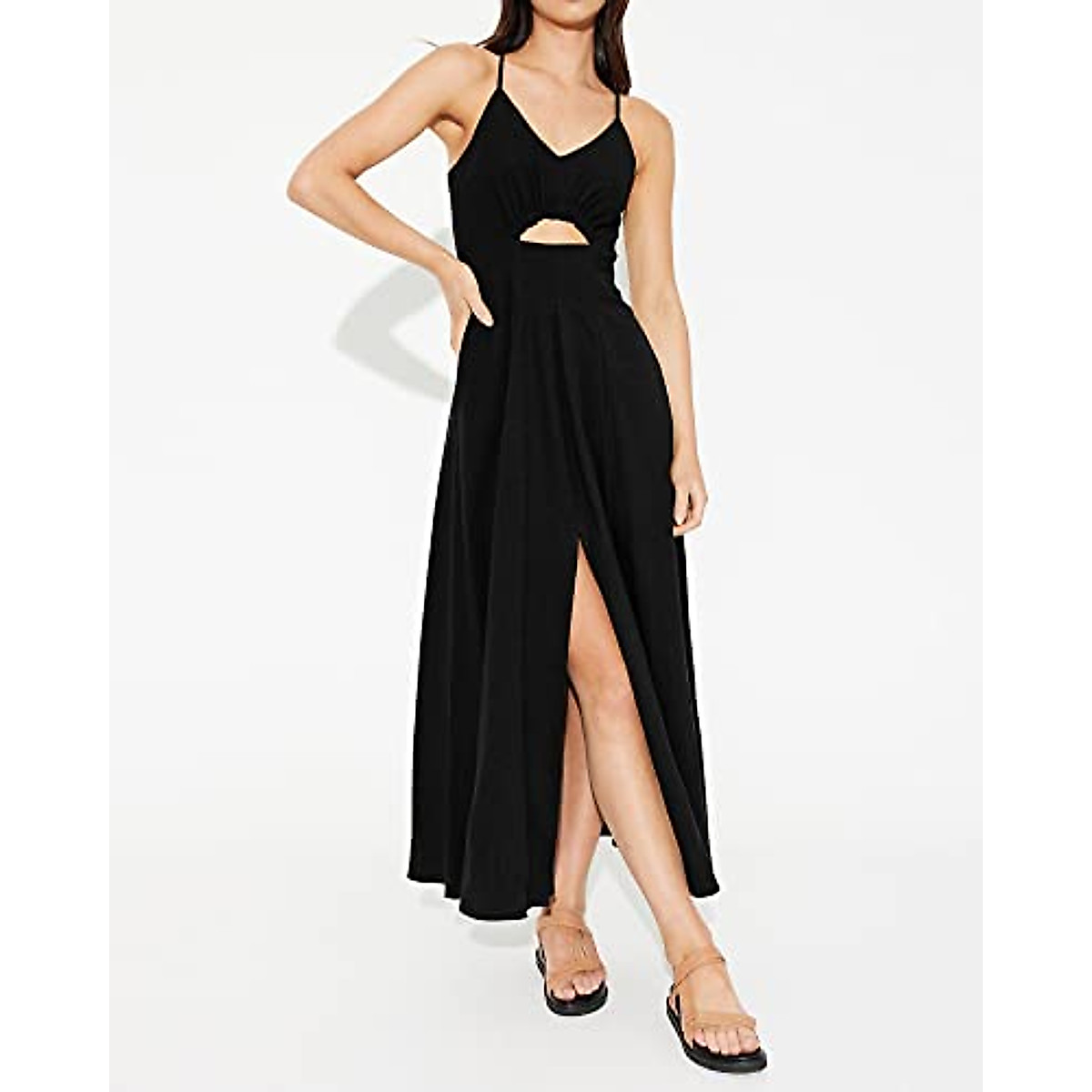 BTFBM Women 2023 Summer Spaghetti Strap Dress Sleeveless V Neck Cutout Slit Casual Beach Party Maxi Dresses with Pockets(Solid Black, X-Large)