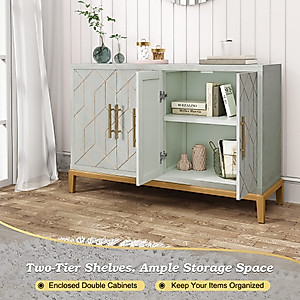 HLR 48" Accent Cabinet with 4 Doors and Shelves, Modern Credenza Storage Cabinet with Gold Trim, Green Buffet Cabinet for Living Room, Kitchen, Dining Room, Hallway