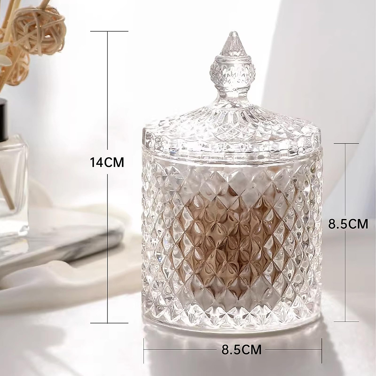 Qtip holder for bathroom,Cotton swab holder,Floss-Small Clear Glass Canister Apothecary Jar Set,Vanity Makeup Organizer,Qtips dispenser,pad container Round Pads tips swabs ball set