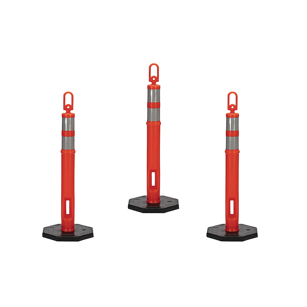 CJ Safety (Pack of 3 Sets) 45" Orange Delineator Post Cone with 10 lbs. Rubber Base, 2 Reflective Bands (Set of 3 (Post & Base))