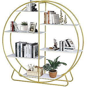 KNIGHTCRAFT White and Gold Bookshelf Circular Office Bookshelves 57" Tall Arched Book Shelves Open Etagere Bookcase Large Round Book Shelf for Living Room Modern Home Furniture