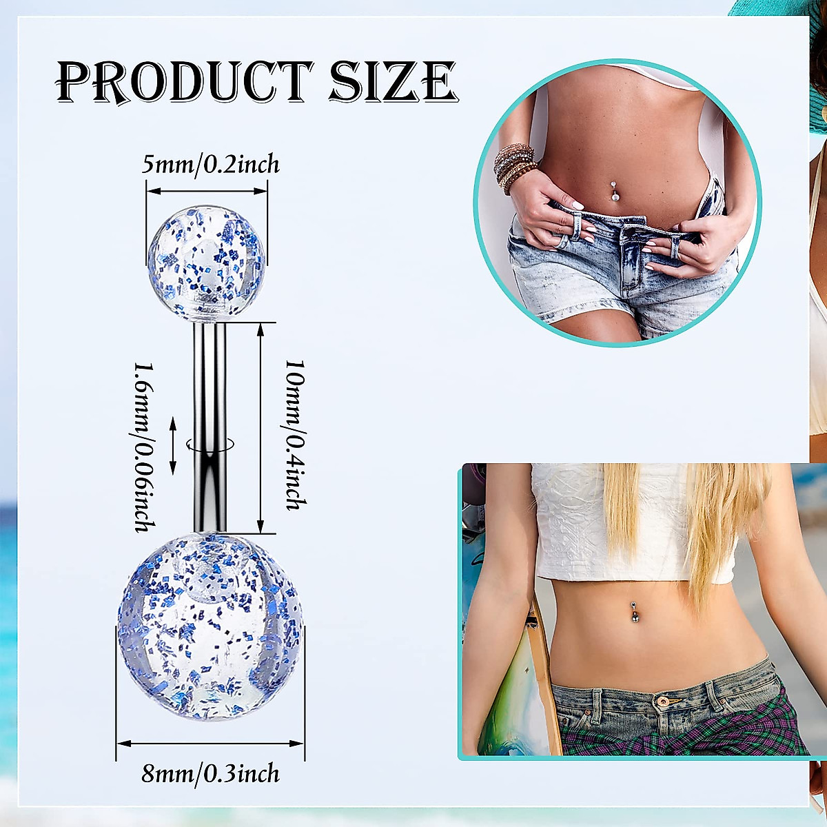 Sureio 40 Pcs 14g Belly Button Rings Colorful Surgical Stainless Steel Round Piercing Navel Barbell Dangle Curved Navel Rings for Women Girls Piercing Jewelry