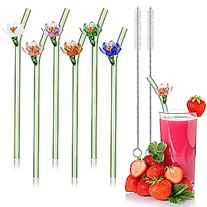 6 Pcs Reusable Glass Straws 8 mm x 7.9 Inch Colorful Lotus Design Green Straws Bent Glass Straws with Cleaning Brush for Smoothie Cocktail Juice Shakes Beverages