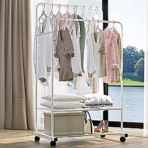 STONCEL Clothing Rack with Shelves Double Rails Rolling Garment Rack for Hanging Clothes White Clothes Rack on Wheels, Double Hanging Rails & Lockable Wheels, 31" L x 20" W x 53" H