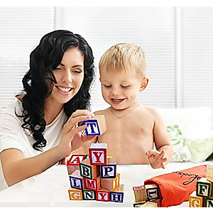 Skoolzy ABC Wooden Blocks for Toddlers 30 Wood Alphabet Blocks Montessori Stacking Letter Preschool Learning Toys Develop Language Skills Boys and Girls Ages 2+ Includes eBook & Storage Bag