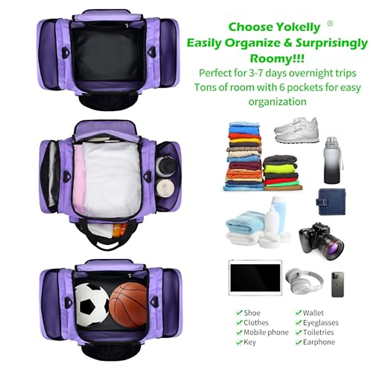 YoKelly Sports Duffel Bag 20 inch for Travel Gym - Purple