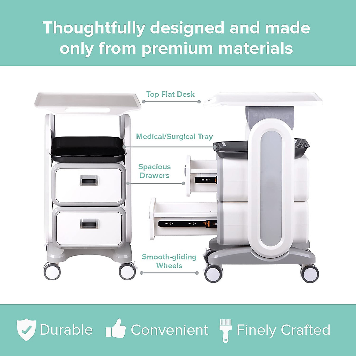 Professional Utility Cart with Wheels - Dental Office Rolling Cart with Drawers - Medical Trolley Cart - Rolling Storage Cart for Cavitation Machine, Esthetician Supplies, Lab Tools - Salon Trolley