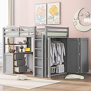 Merax Loft Bed Full Size Adult, Wooden Frame with Desk and Wardrobe, Storage Design with Drawers & Shelf, for Teen Girls & Boys(Grey)