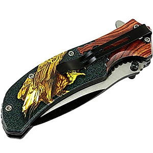 8.5" Spring Assisted Pocket Knife for Men Blade Eagle Wood Handle with Ultra Sharp Blade Premium Tactical Folding Knife Survival Hunting Camping Knives