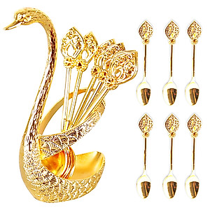 Decorative Gold Swan Base Holder with 6Pcs Coffee Spoon set, Metal Swan Base Holder Spoon Organizer with 6 Spoons, Small Delicate Spoons for Coffee Fruit Dessert Ice Cream Cake