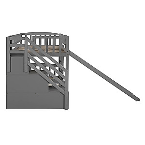 Harper & Bright Designs Kids Bunk Bed Twin Over Twin, Wooden Bunk Bed with Slide and Guardrail, Floor Bunk Bed with Stairway/Two Drawers/Handrail, Space-Saving Bedroom Dormitory Furniture (Gray)