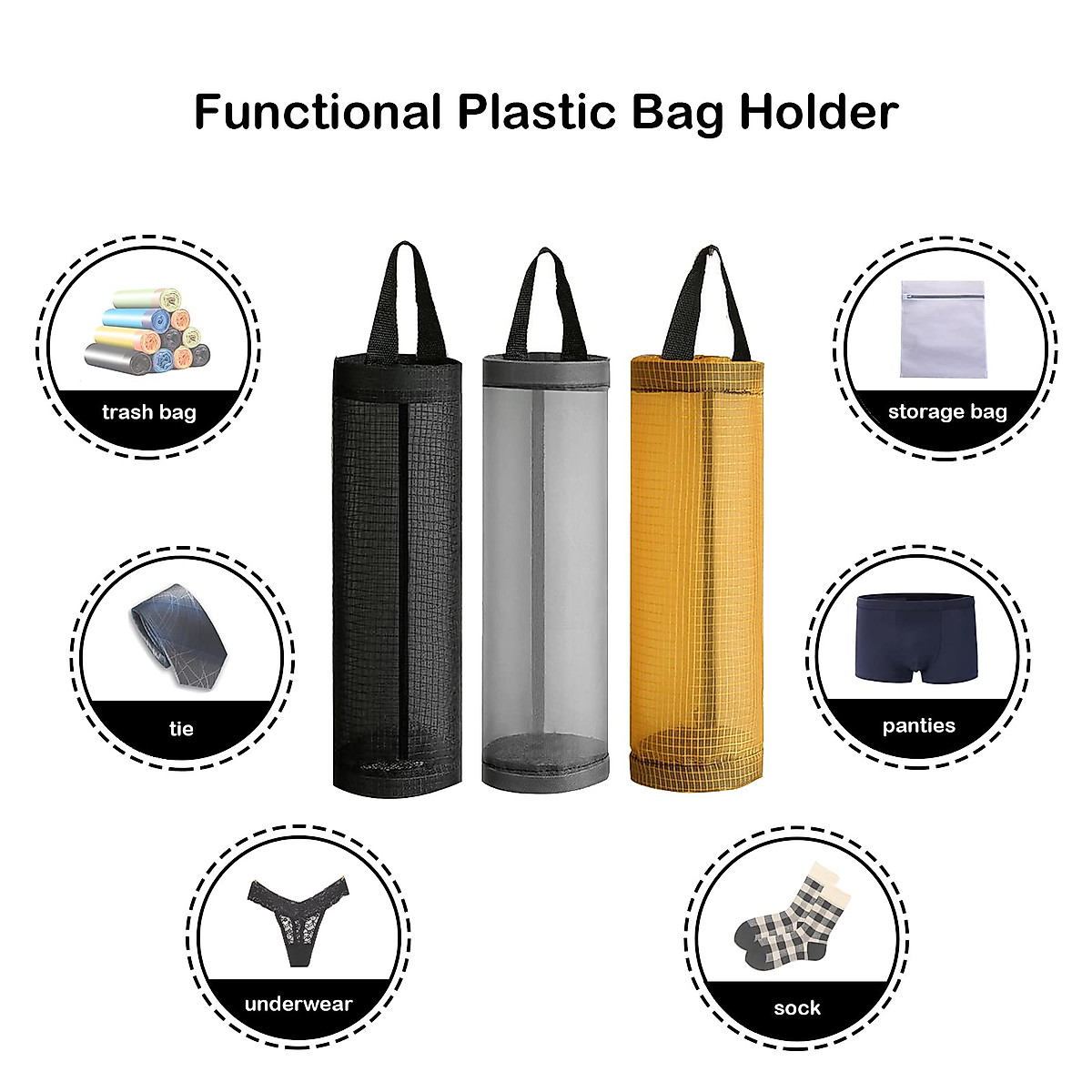 Plastic Bag Holder, Mesh Grocery Bag Holder Hanging Storage Bag Dispenser Foldable Breathable Washable Organizer for Home Kitchen (Black Gray Yellow 3 packs)