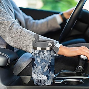 Aqua Blue Floral Pattern Tumbler 30oz Large Capacity Car Cup with Handle Fit in Any Car Cup Holder Stainless Steel Leakproof Insulated Coffee Tumblers with Lid And Straw