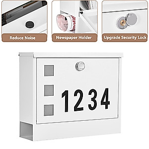 LAND·VOI Locking Mailbox Wall Mounted, Metal Postbox with Three Sets of Mail Box Number Stickers, 4 Keys, 14.4" x 4.5" x 11.2", Large Capacity, Textured White, AMB11W