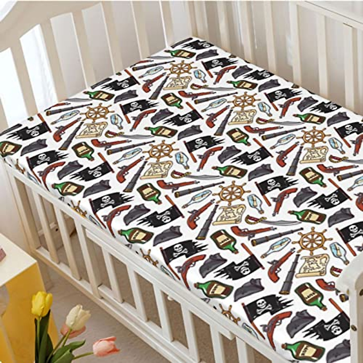 Pirates Themed Fitted Mini Crib Sheets,Portable Mini Crib Sheets Soft & Stretchy Fitted Crib Sheet-Baby Crib Sheets for Girl or Boy,24“ x38“,Multicolor