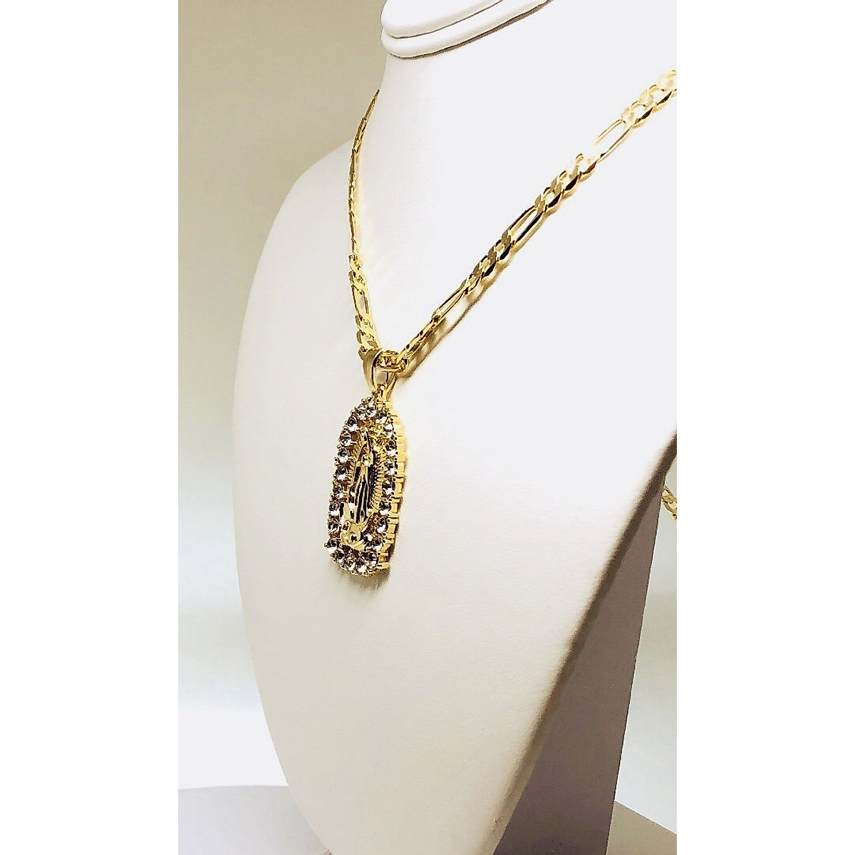 Gold Plated Virgin Mary Pendant Necklace Figaro 26" Virgen de Guadalupe Medalla Oro Laminado