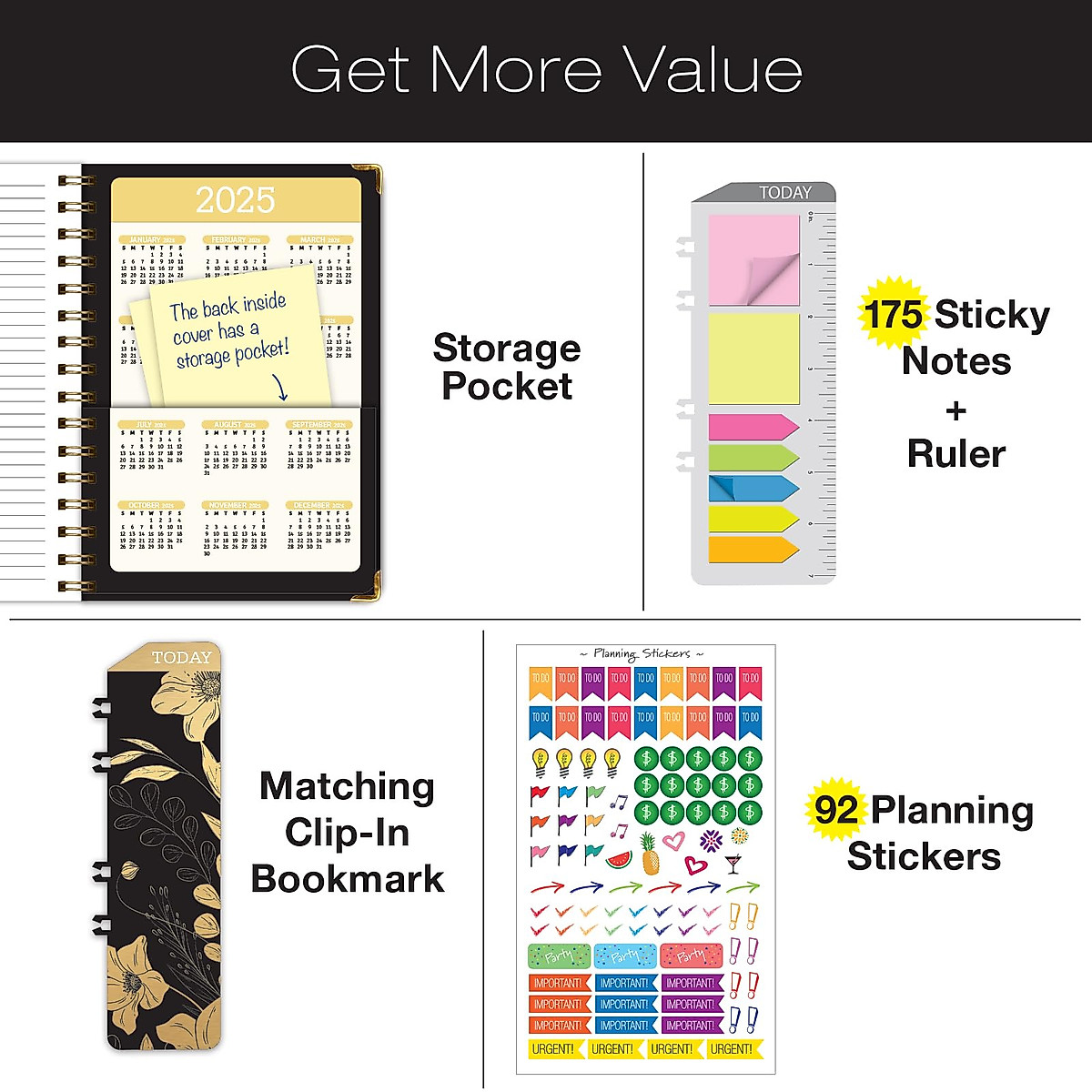 HARDCOVER 2024 Planner: (November 2023 Through December 2024) 5.5"x8" Daily Weekly Monthly Planner Yearly Agenda. Bookmark, Pocket Folder and Sticky Note Set (Golden Floral)