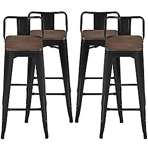 Yaheetech 30 inch Metal Stools Low Back Patio Bar Chairs Set of 4 Counter Height Stools Stackable Industrial Barstools with Wood Top Matte Black
