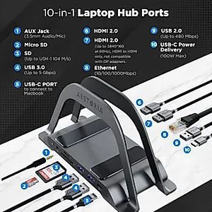 Aestoria Windows USB C Docking Station Dual Monitor - 10 Ports with 2X HDMI, 2X USB 3.0, 1x USB-C (100W PD), and Ethernet Ports. Universal Laptop Docking Station for Dell, Lenovo, HP, and MacBook