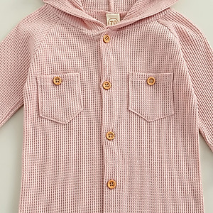NANYKNIGHTY Toddler Baby Boy Girl Romper Unisex Infant Clothes Waffle Fabric Solid Long Sleeve Buttons Hooded Jumpsuit One-piece (Pink, 6-12 Months)