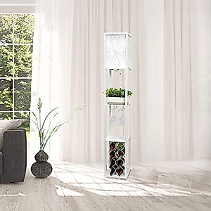 Simple Designs LF1015-WHT Etagere Organizer Storage Shelf and Wine Rack with Linen Shade Floor Lamp, White
