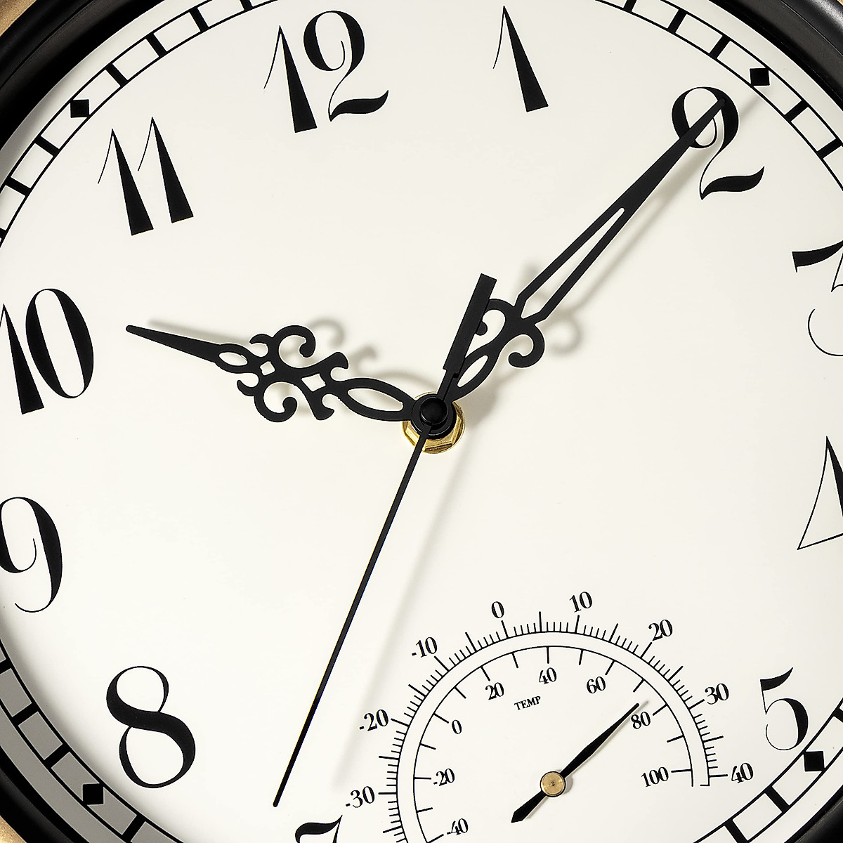 Lumuasky Indoor Outdoor Waterproof Wall Clock with Thermometer, Retro Silent Non-Ticking Battery Operated Round Clock for Garden Patio Yard Home (12 inch, Black Gold)