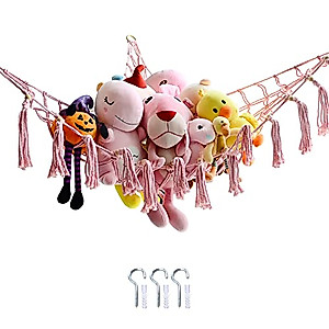 Pink Hammock with Wooden Beads and Fringe Toy Storage, Boho Room Decor, Bedroom Decor, Plush Toy Storage for Kids, Girls Bedroom Storage