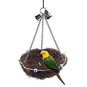 Birds Nest, 2 Sizes Rattan Birds Parrot Straw Nest Swing Hanging Toy with Bells Toys(27 * 20cm)
