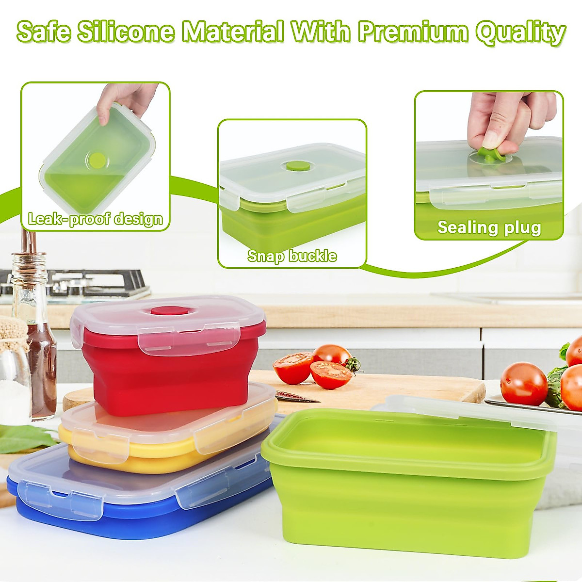 NATUREKIT 4 Collapsible Silicone Food Storage Containers,Kitchen Stackable Leftover Bento Lunch Meal Box with Plastic Airtight Lids, Leak-proof Camping Food Storage，Microwave Dishwasher Freezer Safe