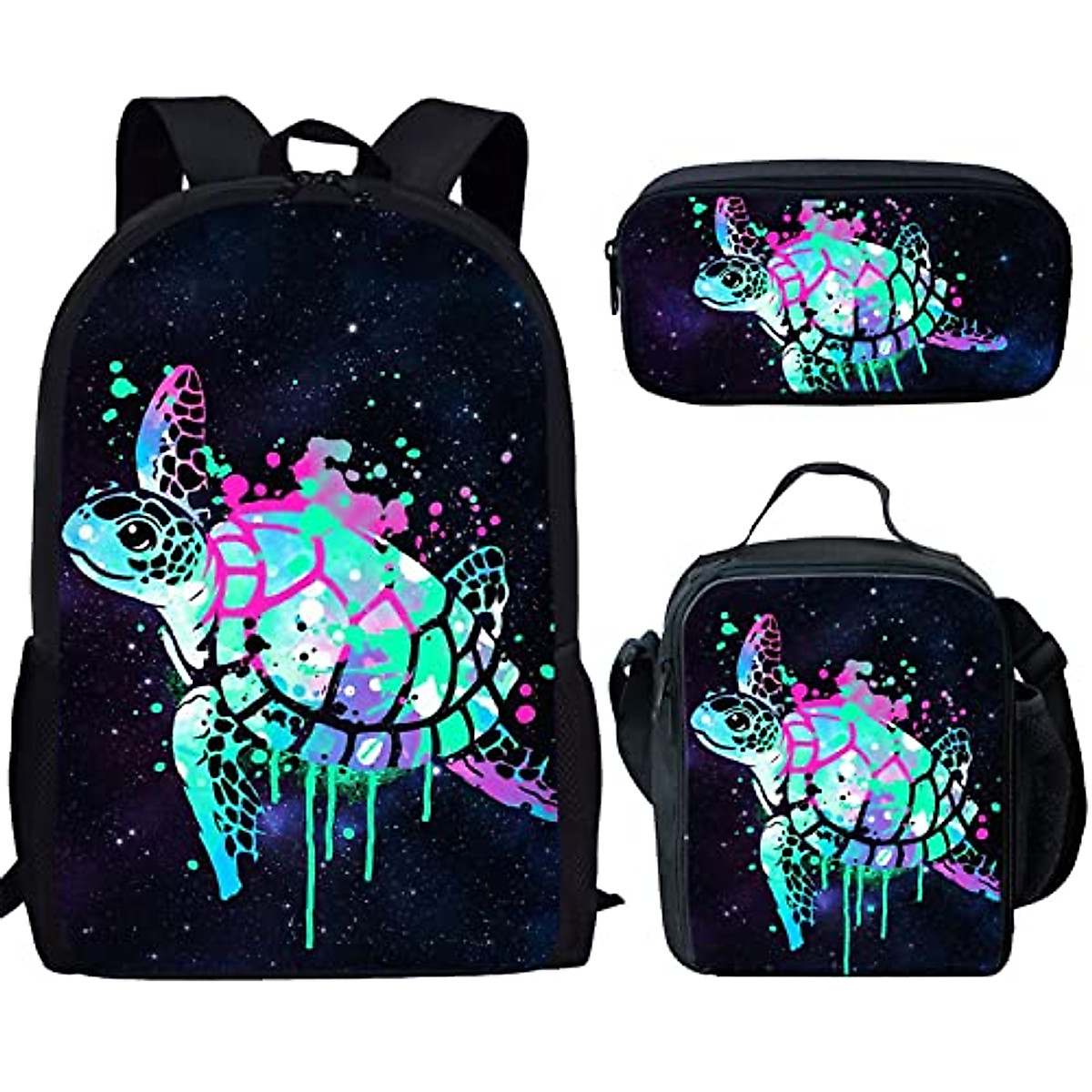 Xhuibop Sea Turtle School Backpack with Lunch Box Set of 3 Pack Galaxy Girls Pencil Case Personalized Bookbag for College Students Backpack Heavy Duty