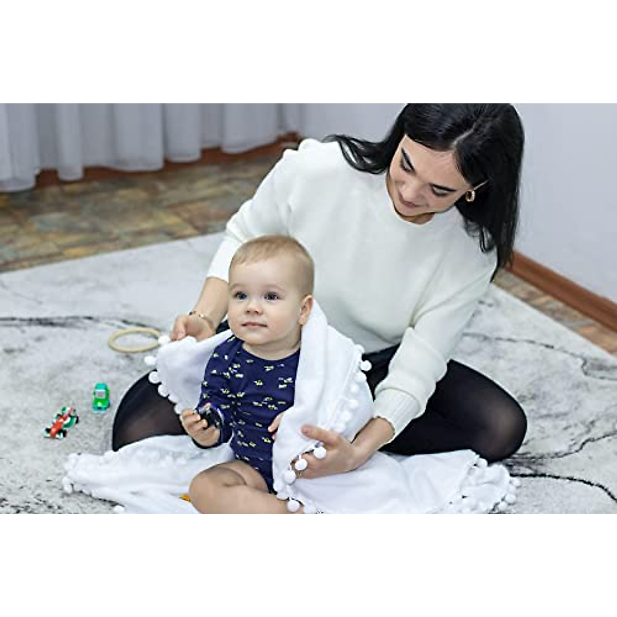 Baby Monthly Milestone Blanket for Boy Girl Gender Neutral Gift for Baby Shower-Circle Ring Play Mat Large- Double Sided Pom Pom Ball Thick Flannel Round Rug for Boy Girl, BabyPhotography Props