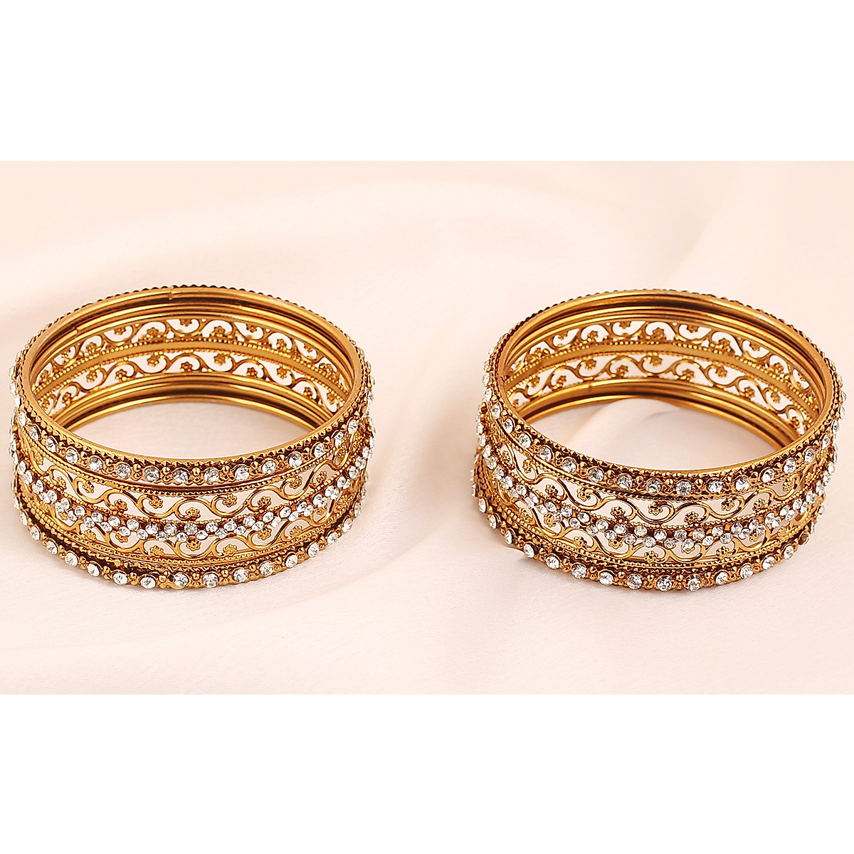 Touchstone "Golden Bangle Collection Exotic Filigree and Grain Work Clear Rhinestone Indian Bollywood Thick Thin Metal Bangle Bracelets in Antique Gold Tone for Women. Set of 6.