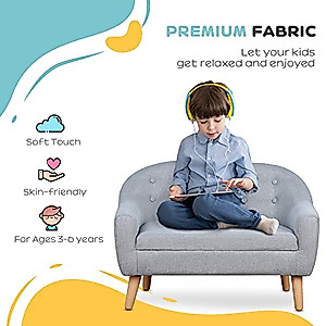 Qaba 2-Seat Kids Sofa Linen Fabric and Wooden Frame Sofa for Kids and Toddlers Ages 3-7, 11" High Seat, Gray