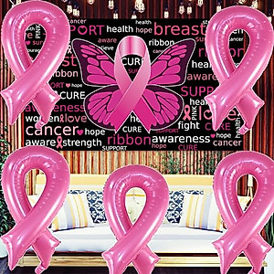 LOONELO 5pcs Breast Cancer Awareness Balloons Decoration, 40inch Pink Ribbon Breast Cancer Awareness Jumbo Foil Balloons, Hope Strength Faith Balloons for Pink Ribbon Breast Cancer Party Supplies