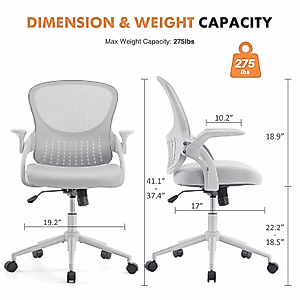 Office Chair Ergonomic Home Office Desk Chairs, Breathable Mesh Back Lumbar Support Computer Chair, Adjustable Height Swivel Task Chair with Flip-up Arms & Wheels, Grey