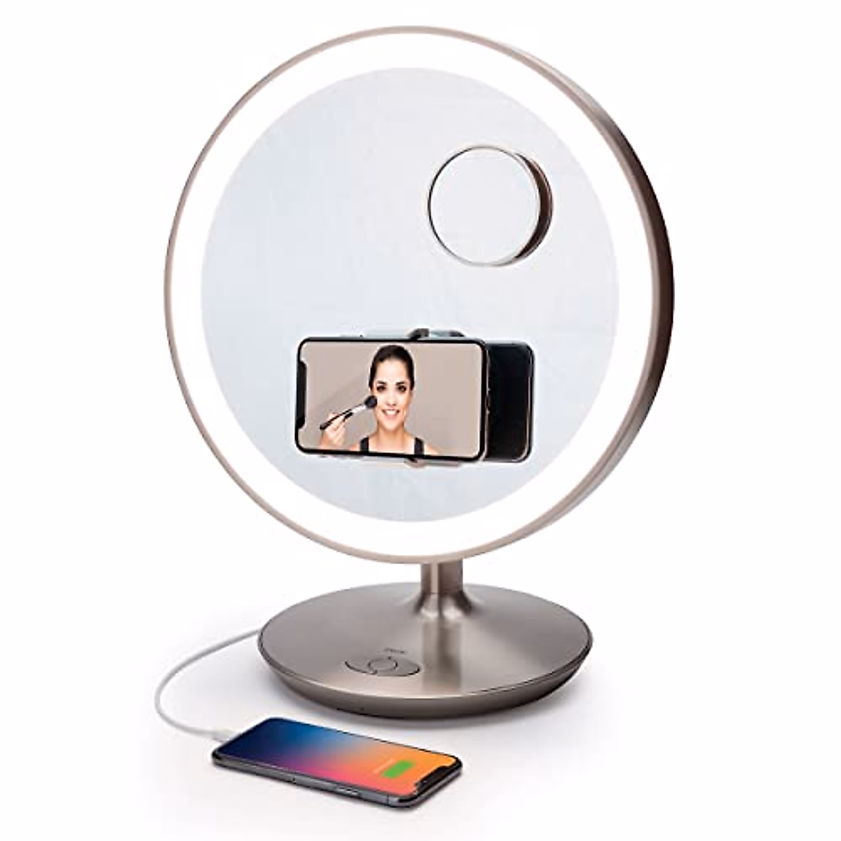 iHome Beauty Glow Ring XL 13" Makeup Mirror with Bluetooth Speaker, Speakerphone, USB Charging, Removable Phone Mount, Rechargeable Battery and 3 LED Color Modes