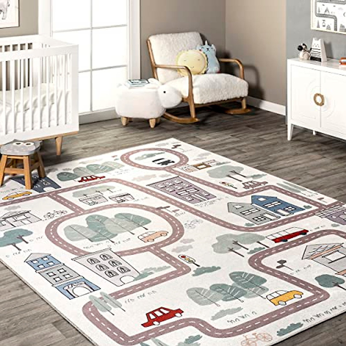 nuLOOM Chalea Kids Town Machine Washable Area Rug, 5' x 8', White