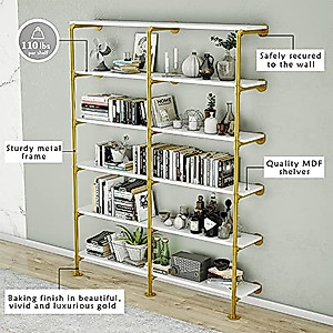 MAIKAILUN 6-Tier 60 inch Industrial Pipe Shelving, Gold Bookshelf, White and Gold Shelves, Modern Bookcase Metal Mid Century Open Wall Mount Decor Retail Shelving for Living Room(59.1x9.8x84.6)