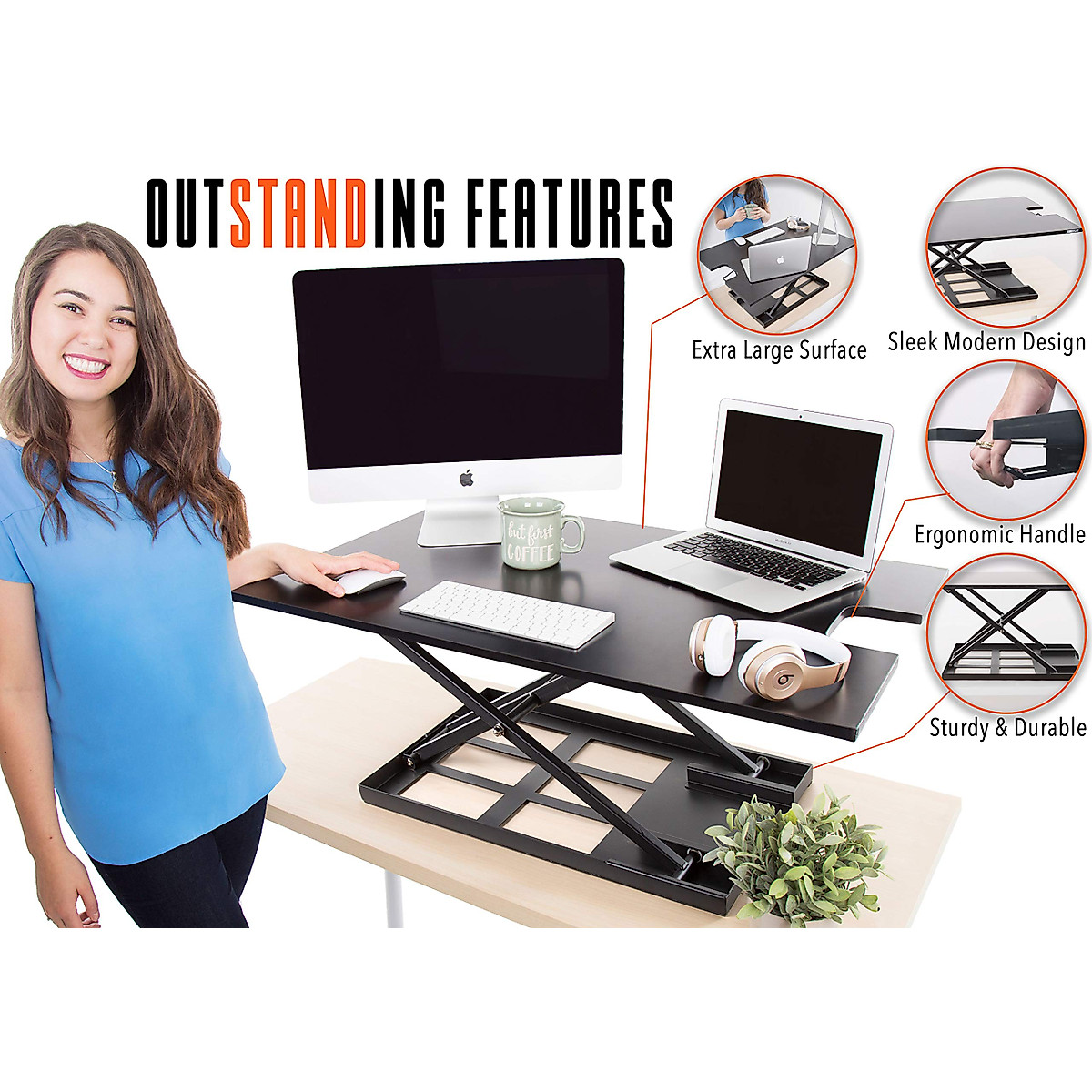 Stand Steady X-Elite Pro XL, Ergonomic Adjustable Height Standing Desk Converter, Extra Large Sit to Stand Laptop Desk Riser, Easily Fits 2 Computer Monitors (Black, 36 x 16)