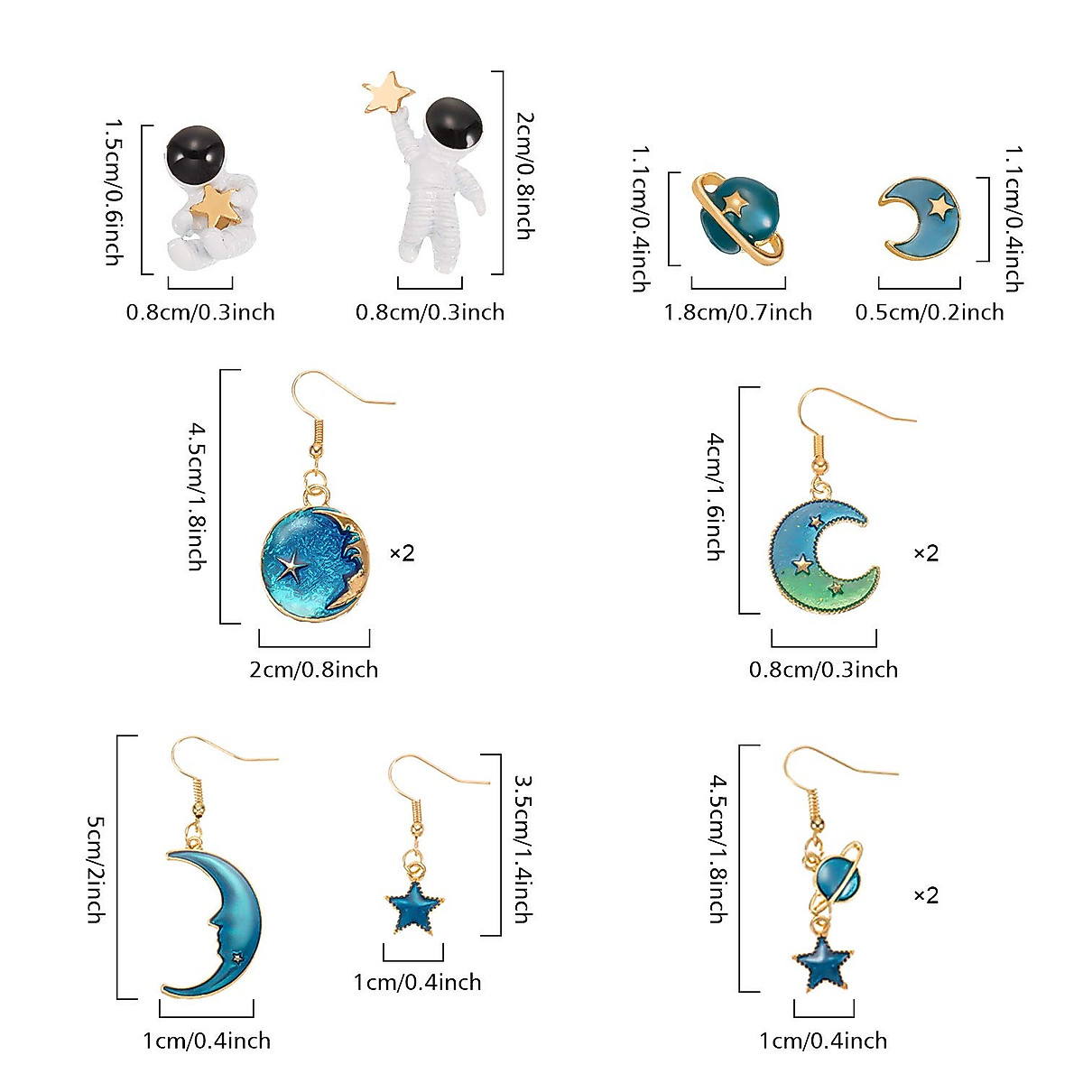 Hicarer 12 Pairs Space Earrings Astronaut Stud Earrings Planet Earrings Dangle Moon Star Asymmetrical Drop Earrings Jewelry for Women