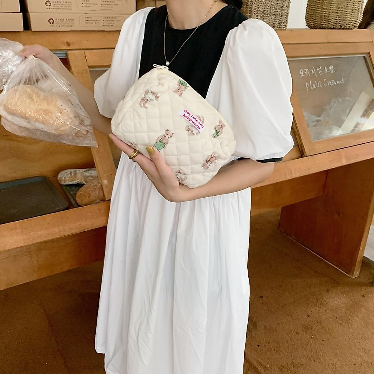 BILIPOPX 3 Pack Kawaii Cute Makeup Bag Bear Aesthetic Travel Quilted Cotton Cosmetic Bag Organizer Toiletry Pouch for Women Teen Girls (Bear Rabbit)