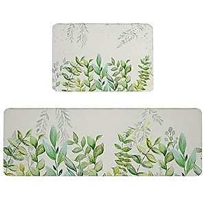 2 PCS Cushioned AntiFatigue Kitchen Mats and Rugs, Summer Leaves Absorbent Floor Bath Door Mat Non-Slip Doormat Accent Runner Carpet Washable Indoor Comfort Standing Mat Watercolor Green Plant Leaf