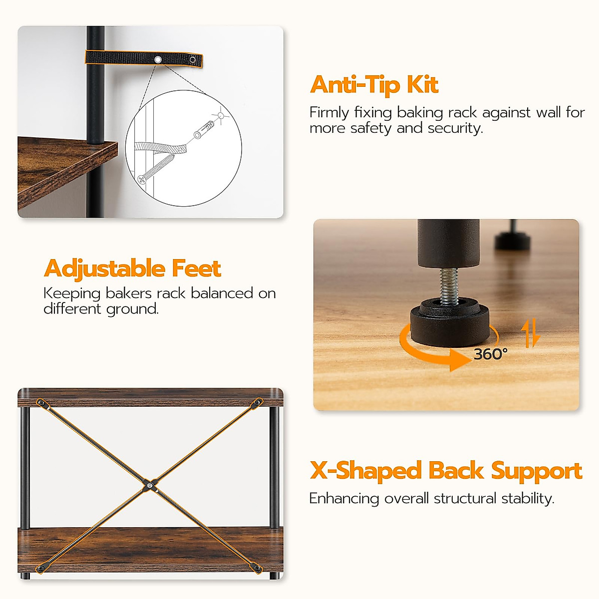 HOOBRO Kitchen Bakers Rack with Power Outlet, 5-Tier Free Standing Kitchen Storage Shelf Rack, Microwave Stand with 4 S-Shaped Hooks, Rustic Brown and Black BF55UHB01