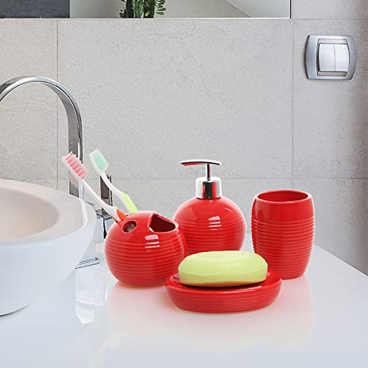 MyGift 4 Piece Modern Red Ceramic Bathroom Accessory Set with Ribbed Design, Includes Lotion/Liquid Soap Dispenser Pump, Toothbrush Holder, Tumbler, and Soap Dish