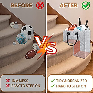 MODOWEY 2Pcs L-Shape Stair Basket Organizer, Foldable Fabric Staircase Storage Organizer with Faux Leather Handles, Large Stair Storage Organizer for Laundry, Toys, Household Items(Light Grey)